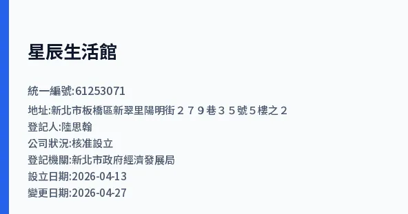 星辰生活館的照片-統編 61253071(新北市) 公司登記資料與營業項目詳細圖表