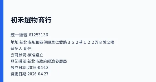 初禾選物商行的照片-統編 61253136(新北市) 公司登記資料與營業項目詳細圖表