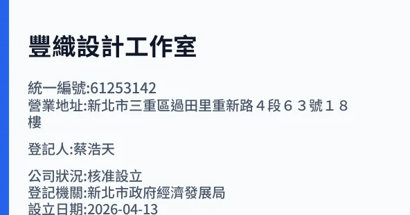豐織設計工作室的照片-統編 61253142(新北市) 公司登記資料與營業項目詳細圖表