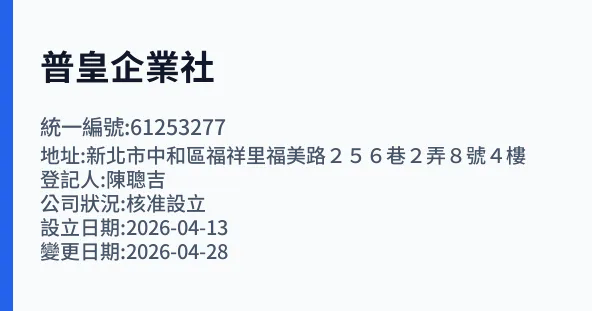 普皇企業社的照片-統編 61253277(新北市) 公司登記資料與營業項目詳細圖表