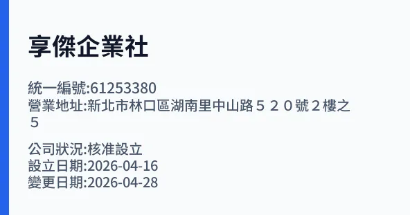 享傑企業社的照片-統編 61253380(新北市) 公司登記資料與營業項目詳細圖表