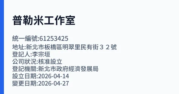普勒米工作室的照片-統編 61253425(新北市) 公司登記資料與營業項目詳細圖表
