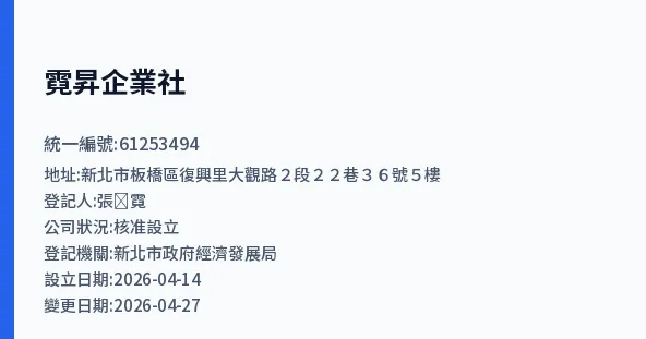 霓昇企業社的照片-統編 61253494(新北市) 公司登記資料與營業項目詳細圖表