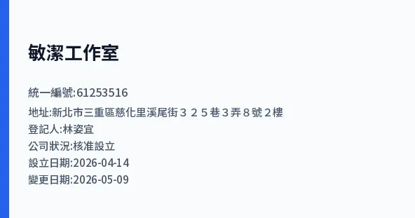 敏潔工作室的照片-統編 61253516(新北市) 公司登記資料與營業項目詳細圖表