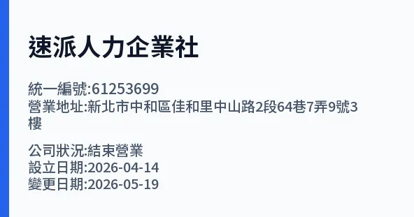 速派人力企業社的照片-統編 61253699(新北市) 公司登記資料與營業項目詳細圖表