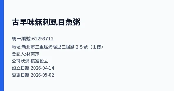 古早味無刺虱目魚粥的照片-統編 61253712(新北市) 公司登記資料與營業項目詳細圖表