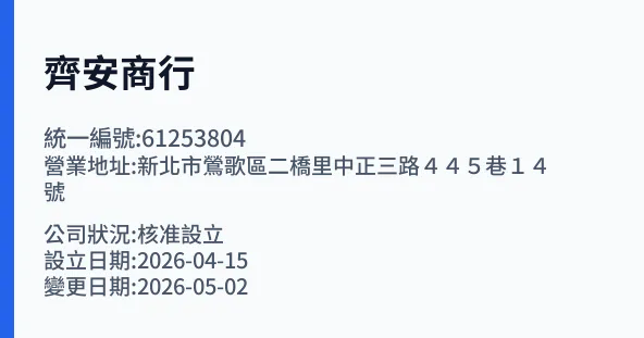 齊安商行的照片-統編 61253804(新北市) 公司登記資料與營業項目詳細圖表