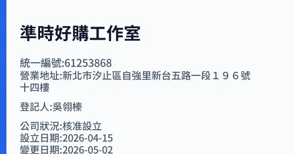 準時好購工作室的照片-統編 61253868(新北市) 公司登記資料與營業項目詳細圖表