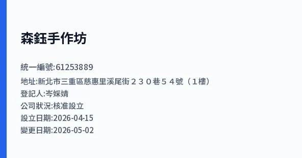 森鈺手作坊的照片-統編 61253889(新北市) 公司登記資料與營業項目詳細圖表