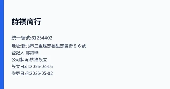 詩祺商行的照片-統編 61254402(新北市) 公司登記資料與營業項目詳細圖表