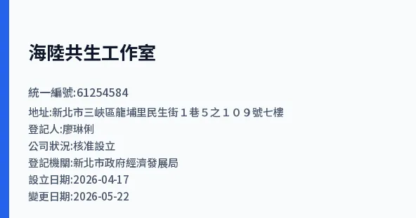 海陸共生工作室的照片-統編 61254584(新北市) 公司登記資料與營業項目詳細圖表