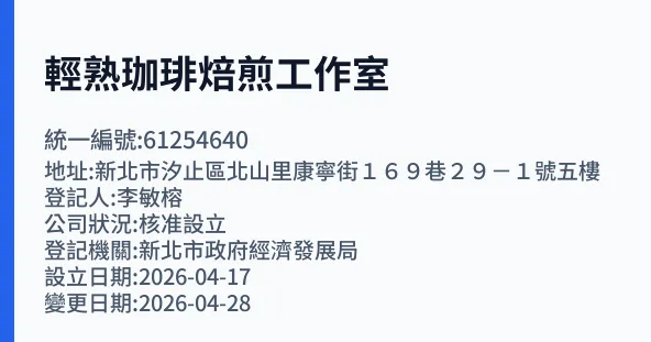 輕熟珈琲焙煎工作室的照片-統編 61254640(新北市) 公司登記資料與營業項目詳細圖表