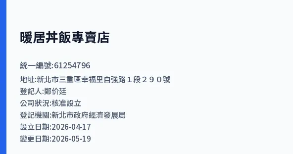 暖居丼飯專賣店的照片-統編 61254796(新北市) 公司登記資料與營業項目詳細圖表