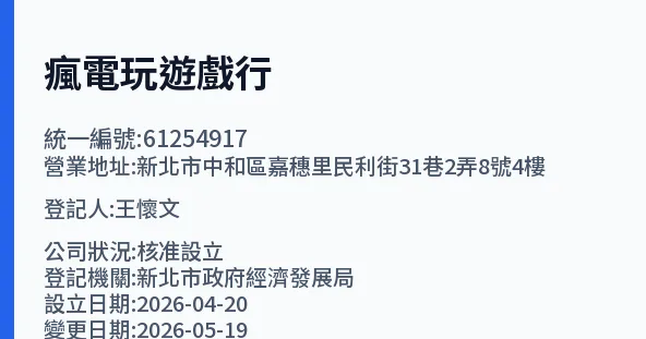 瘋電玩遊戲行的照片-統編 61254917(新北市) 公司登記資料與營業項目詳細圖表