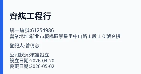 齊紘工程行的照片-統編 61254986(新北市) 公司登記資料與營業項目詳細圖表