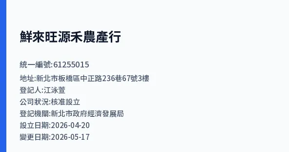鮮來旺源禾農產行的照片-統編 61255015(新北市) 公司登記資料與營業項目詳細圖表