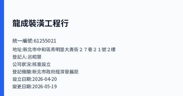龍成裝潢工程行的照片-統編 61255021(新北市) 公司登記資料與營業項目詳細圖表
