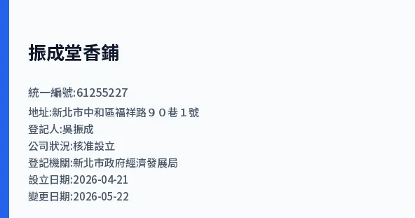 振成堂香鋪的照片-統編 61255227(新北市) 公司登記資料與營業項目詳細圖表
