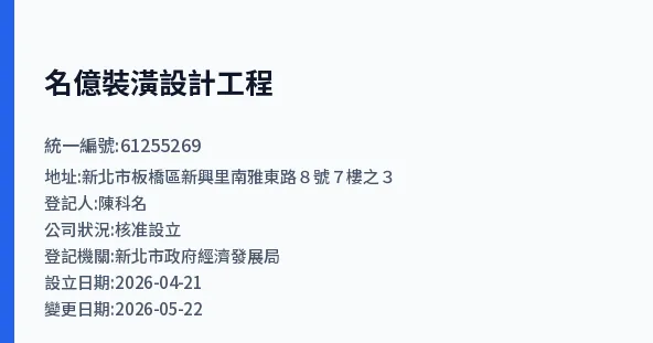 名億裝潢設計工程的照片-統編 61255269(新北市) 公司登記資料與營業項目詳細圖表