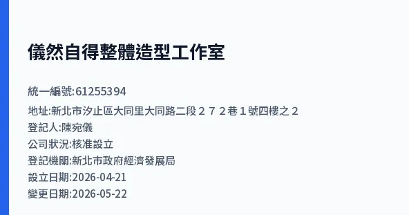 儀然自得整體造型工作室的照片-統編 61255394(新北市) 公司登記資料與營業項目詳細圖表