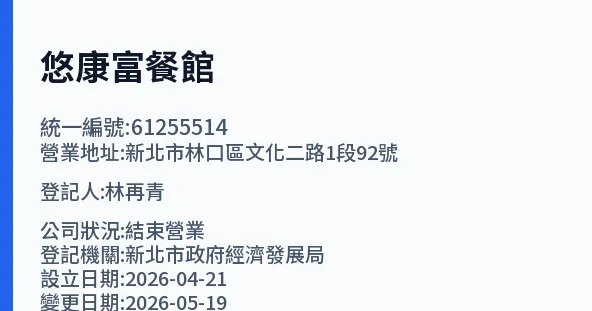悠康富餐館的照片-統編 61255514(新北市) 公司登記資料與營業項目詳細圖表