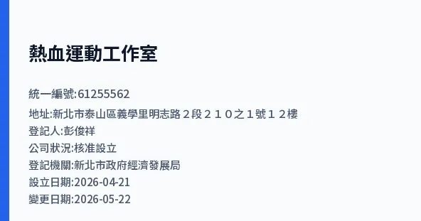 熱血運動工作室的照片-統編 61255562(新北市) 公司登記資料與營業項目詳細圖表