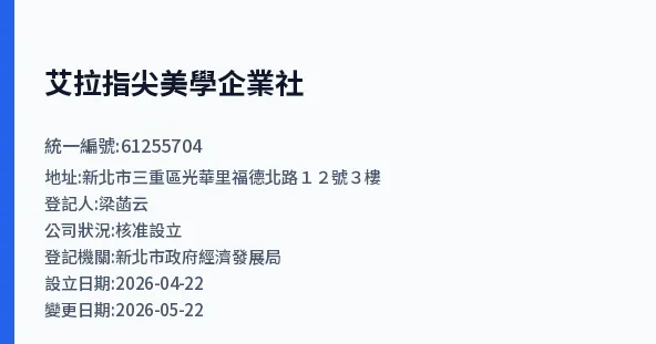 艾拉指尖美學企業社的照片-統編 61255704(新北市) 公司登記資料與營業項目詳細圖表