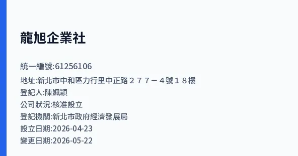 龍旭企業社的照片-統編 61256106(新北市) 公司登記資料與營業項目詳細圖表