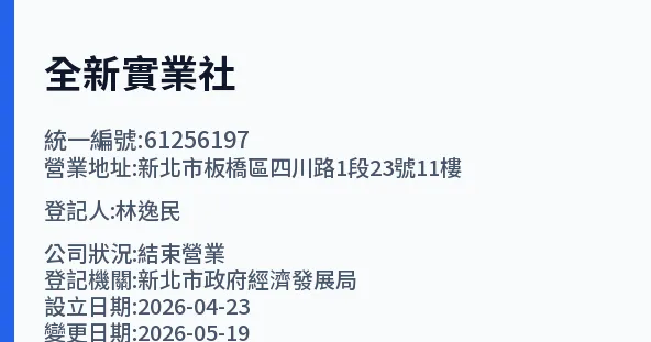 全新實業社的照片-統編 61256197(新北市) 公司登記資料與營業項目詳細圖表