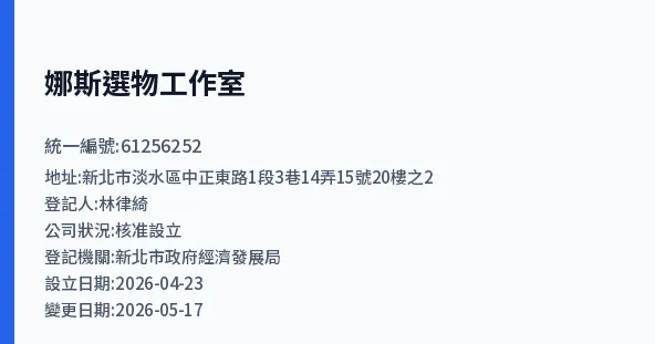 娜斯選物工作室的照片-統編 61256252(新北市) 公司登記資料與營業項目詳細圖表