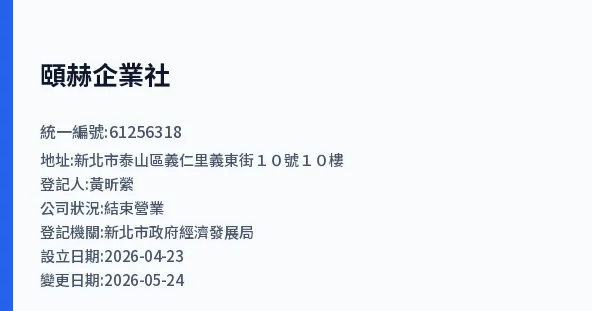 頤赫企業社的照片-統編 61256318(新北市) 公司登記資料與營業項目詳細圖表