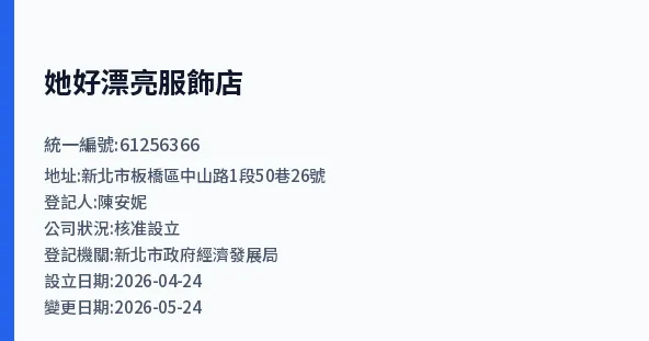 她好漂亮服飾店的照片-統編 61256366(新北市) 公司登記資料與營業項目詳細圖表