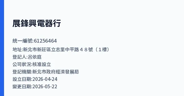 展鋒興電器行的照片-統編 61256464(新北市) 公司登記資料與營業項目詳細圖表