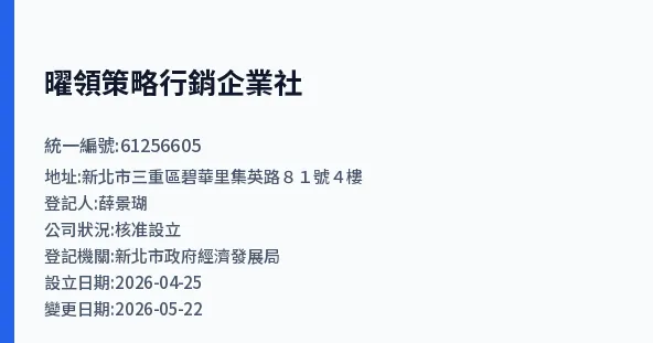 曜領策略行銷企業社的照片-統編 61256605(新北市) 公司登記資料與營業項目詳細圖表