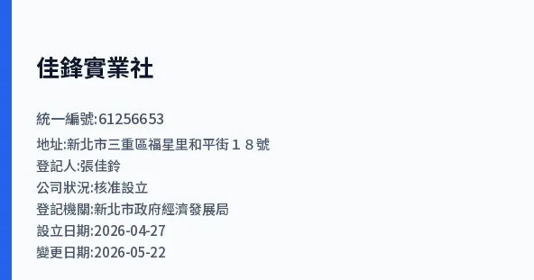 佳鋒實業社的照片-統編 61256653(新北市) 公司登記資料與營業項目詳細圖表