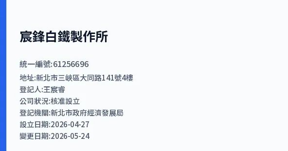 宸鋒白鐵製作所的照片-統編 61256696(新北市) 公司登記資料與營業項目詳細圖表