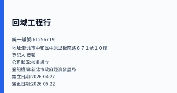 回域工程行的照片-統編 61256719(新北市) 公司登記資料與營業項目詳細圖表