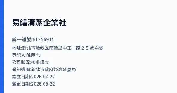 易繕清潔企業社的照片-統編 61256915(新北市) 公司登記資料與營業項目詳細圖表
