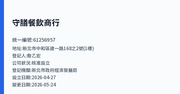 守膳餐飲商行的照片-統編 61256957(新北市) 公司登記資料與營業項目詳細圖表