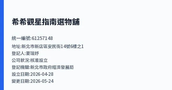 希希觀星指南選物舖的照片-統編 61257148(新北市) 公司登記資料與營業項目詳細圖表