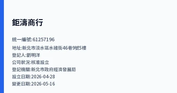 鉅濤商行的照片-統編 61257196(新北市) 公司登記資料與營業項目詳細圖表