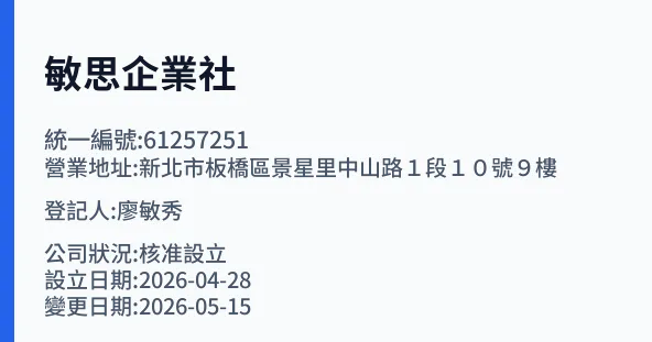 敏思企業社的照片-統編 61257251(新北市) 公司登記資料與營業項目詳細圖表