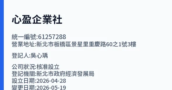 心盈企業社的照片-統編 61257288(新北市) 公司登記資料與營業項目詳細圖表