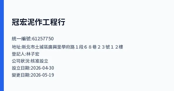 冠宏泥作工程行的照片-統編 61257750(新北市) 公司登記資料與營業項目詳細圖表