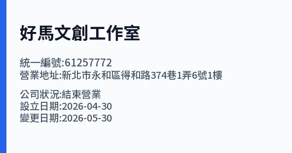 好馬文創工作室的照片-統編 61257772(新北市) 公司登記資料與營業項目詳細圖表