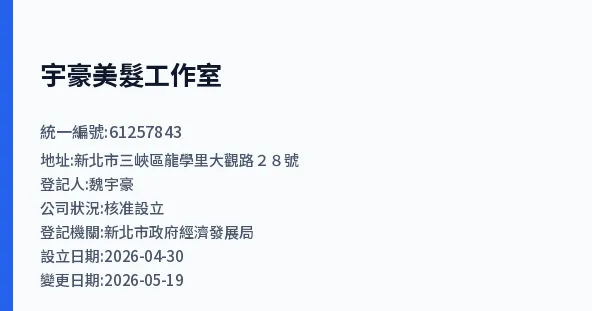宇豪美髮工作室的照片-統編 61257843(新北市) 公司登記資料與營業項目詳細圖表