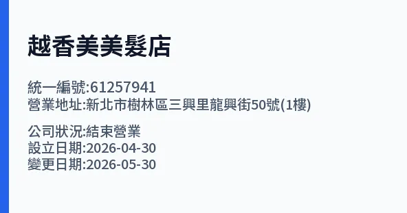 越香美美髮店的照片-統編 61257941(新北市) 公司登記資料與營業項目詳細圖表