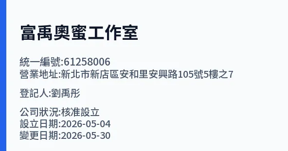 富禹奧蜜工作室的照片-統編 61258006(新北市) 公司登記資料與營業項目詳細圖表