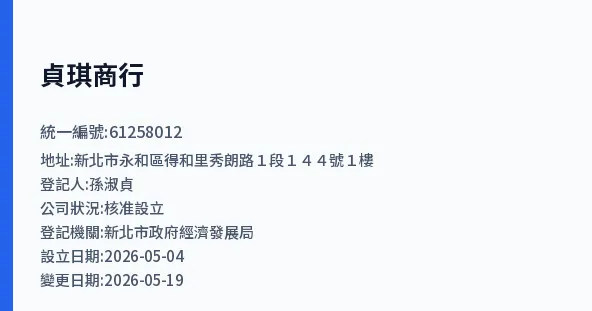 貞琪商行的照片-統編 61258012(新北市) 公司登記資料與營業項目詳細圖表
