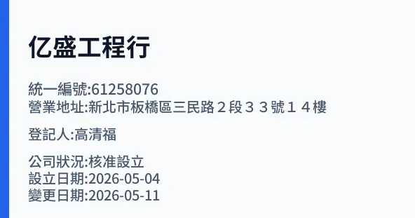 亿盛工程行的照片-統編 61258076(新北市) 公司登記資料與營業項目詳細圖表